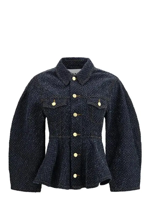 GANNI Denim Tweed Peplum Jacket - Blue