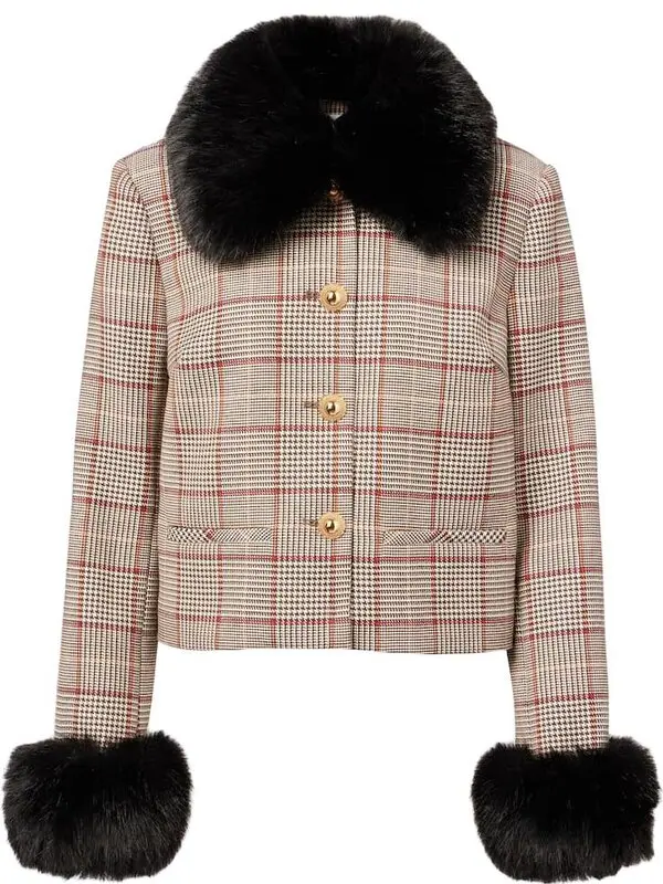 SELF-PORTRAIT Checked Cropped Jacket - Brown