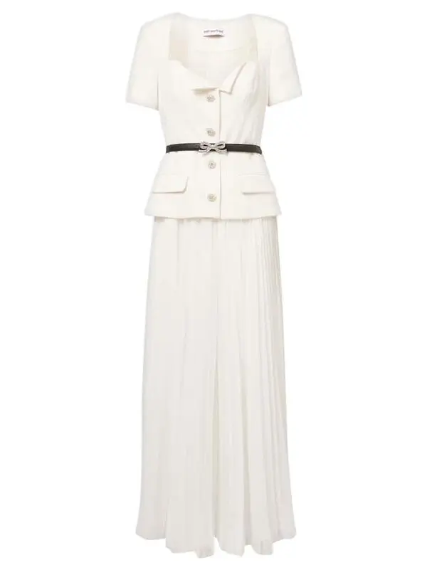 SELF-PORTRAIT Belted Plissé Crêpe Maxi Dress - White