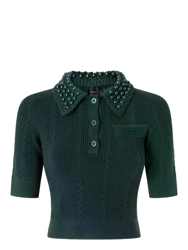 Pinko Cable-knit Polo Top With Beaded Collar - Green