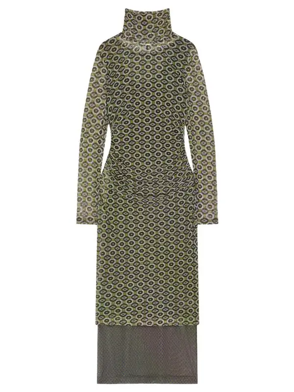 Dries Van Noten Printed Mesh Turtleneck Dress - Green