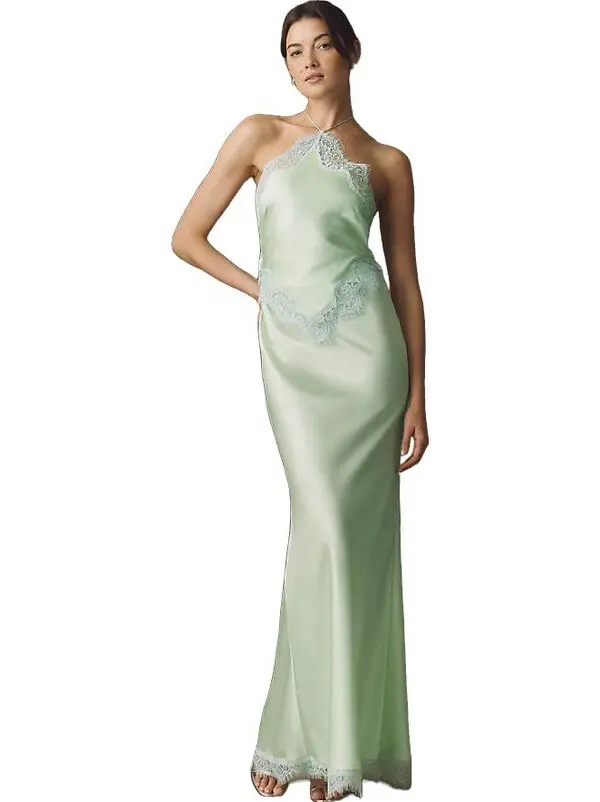 Retrofete Everly Halter Lace-trim Satin Maxi Dress - Glace Pistachio
