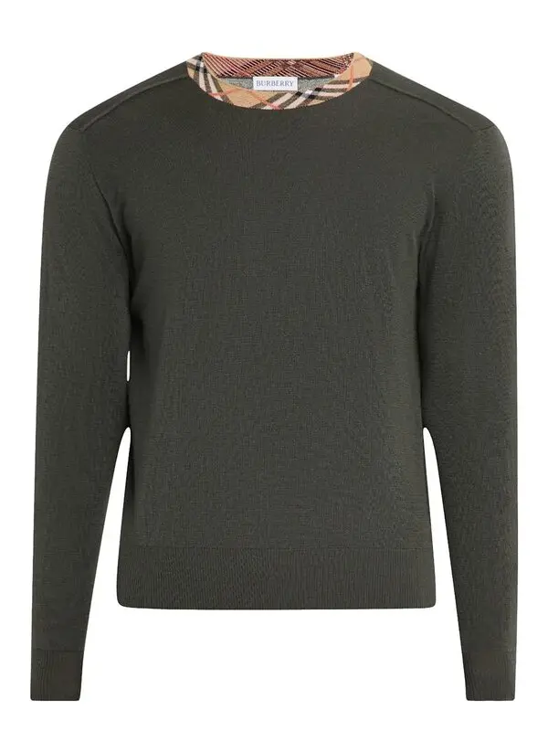 Burberry Wool Knit Crewneck Sweater With Check Trim - Shale
