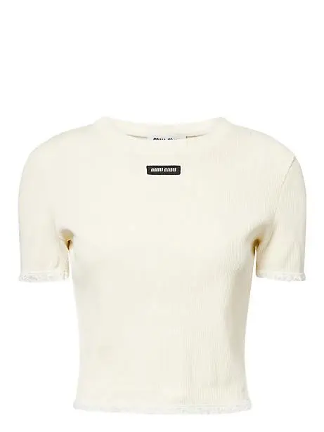 Miu Miu Logo-patch Ribbed Cotton-knit T-shirt - Avorio
