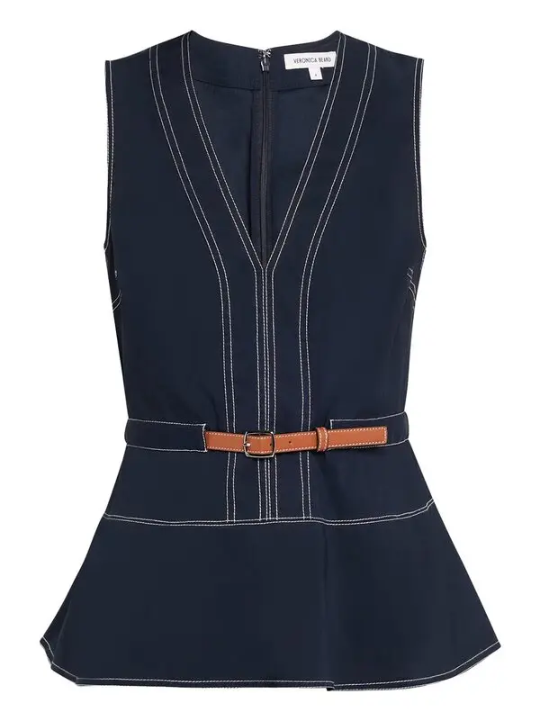 Veronica Beard Nickelby Belted V-neck Top - Navy