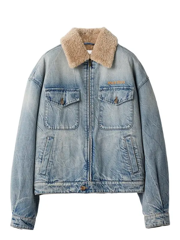 Miu Miu Denim And Shearling Trucker Jacket - Light Blue