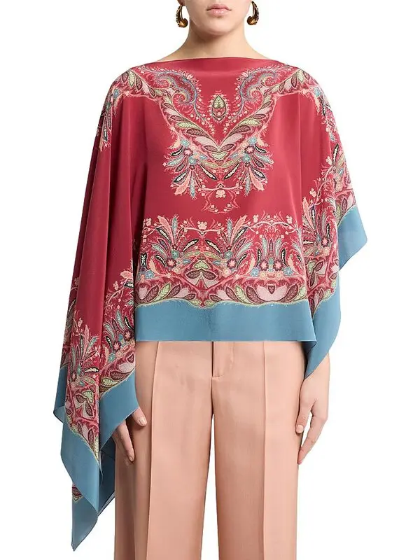 Etro Asymmetrical Silk Poncho - Burgundy