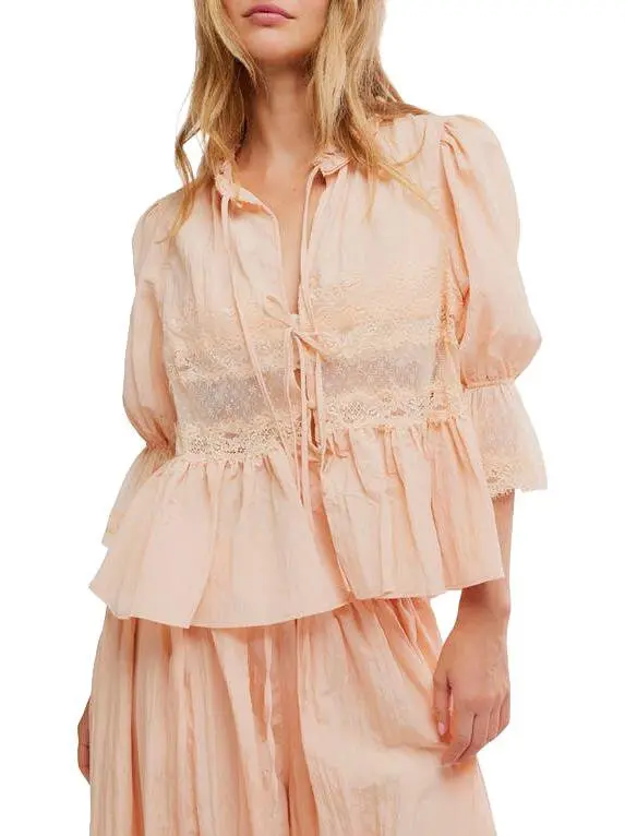 Free People Forever Young Lace Accent Tie Front Top - Peach Pit