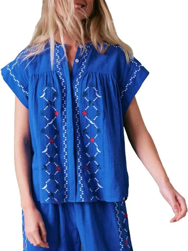 CAPE COVE Embroidered Cheesecloth Blouse - Cobalt Blue