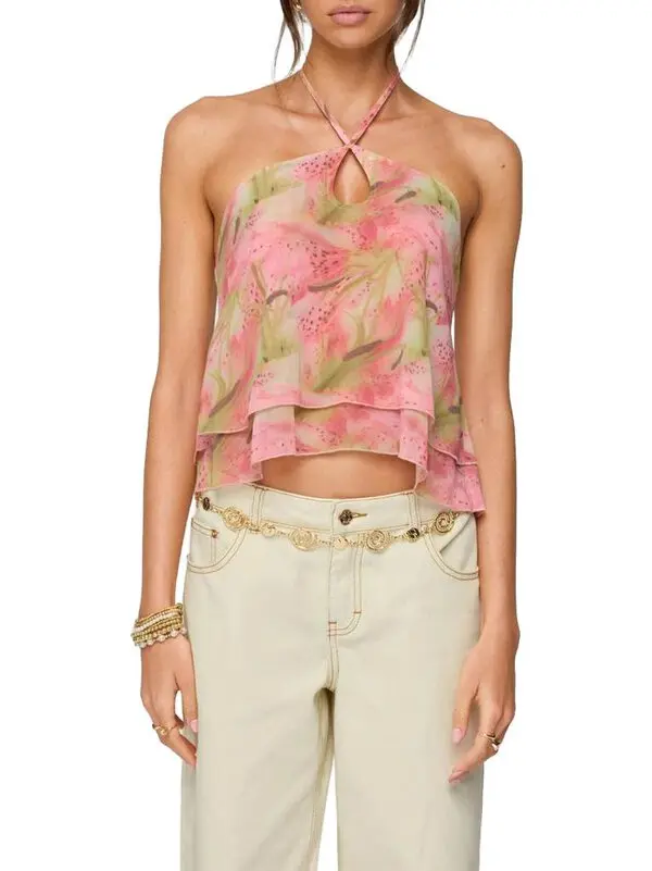 EDIKTED Dragon Lily Tiered Chiffon Halter Top - Mix