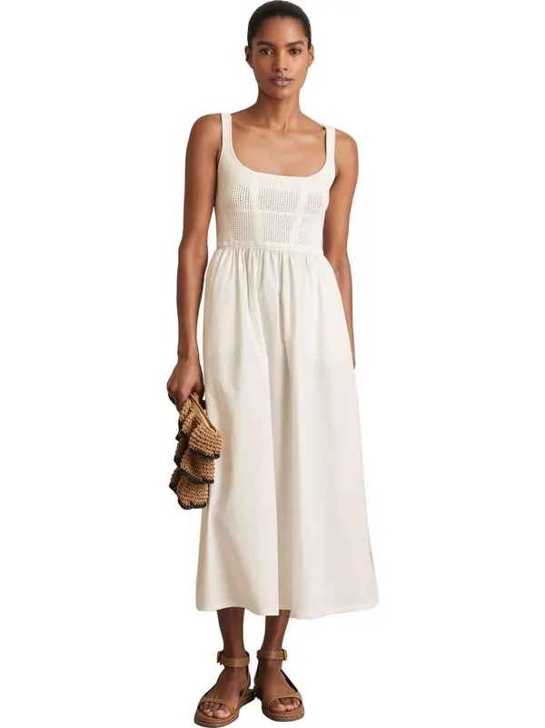 REISS Kori Perforated-knit Cotton-skirt Midi Dress - Ivory