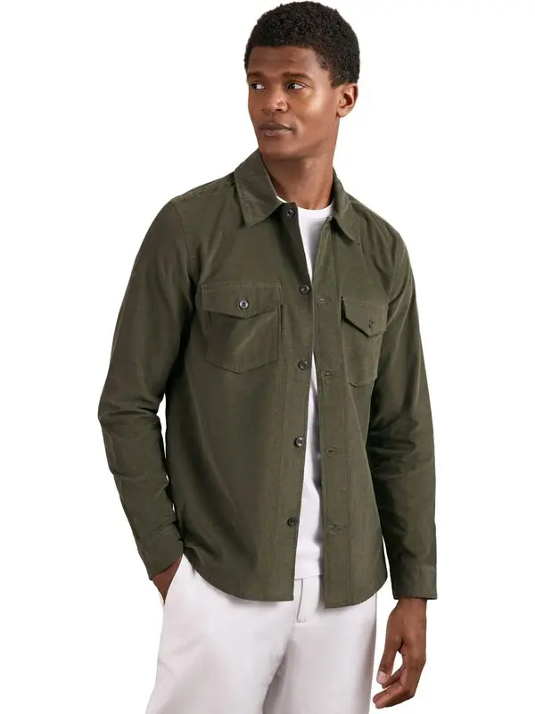 REISS Kai Cotton Corduroy Twin-pocket Overshirt - Khaki Green