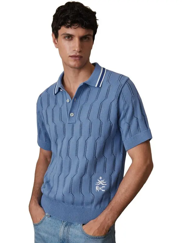 REISS Oasis | Ché Cotton Pointelle Polo Shirt - Blue