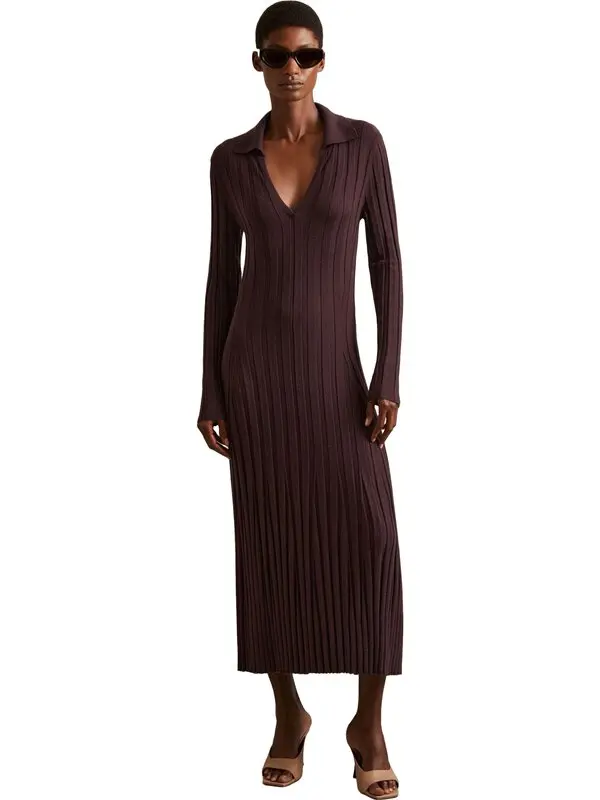 REISS Knitted Polo Midi Dress - Burgundy