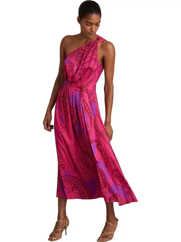REISS Paisley-print One-shoulder Midi Dress - Pink
