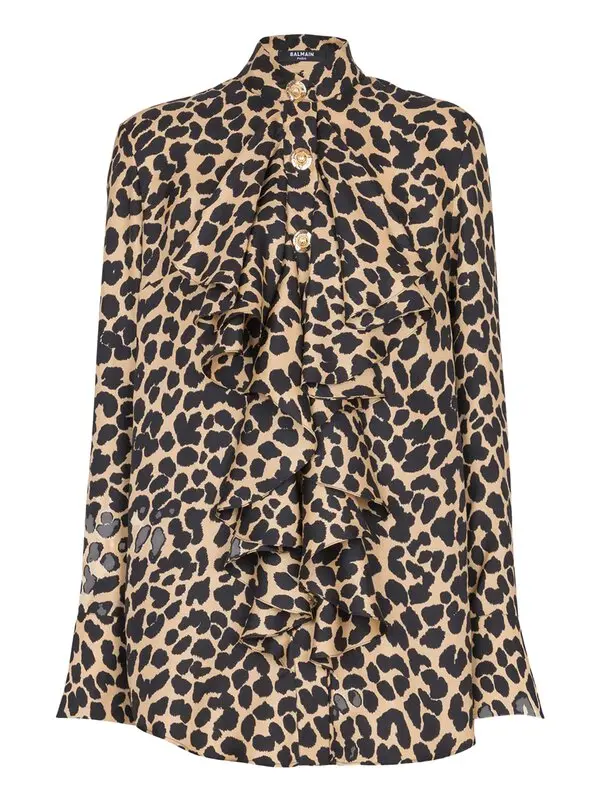 Balmain Silk Leopard Ruffled Shirt - Black