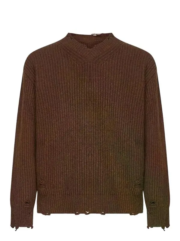 MAISON MARGIELA Ribbed V-neck Distressed Sweater - Brown