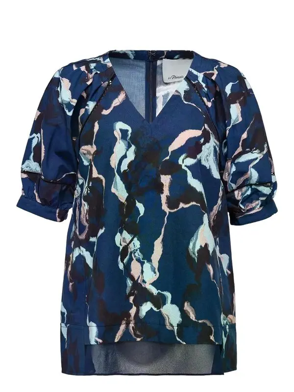 3.1 Phillip Lim Puff-sleeve Abstract-print Blouse - Blue