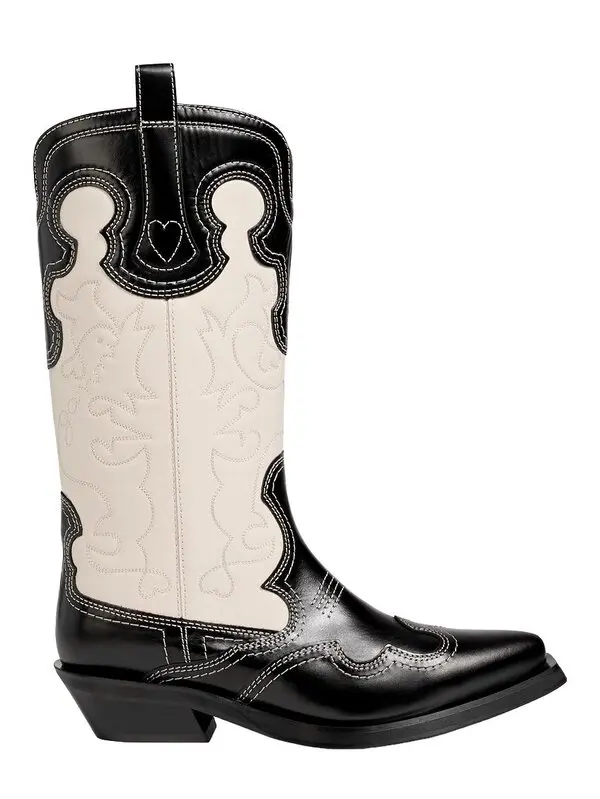 GANNI Two-tone Embroidered Leather Cowboy Boots - Black