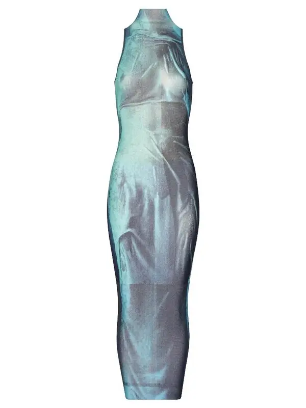 Jean Paul Gaultier Mesh High Neck Long Dress With - Blue