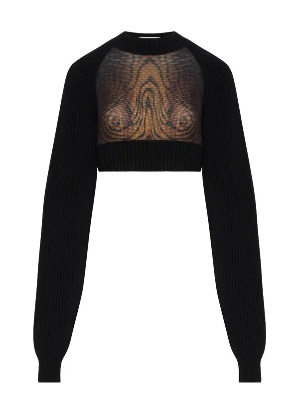 Jean Paul Gaultier Ribbed Wool And Mesh Cropped Sweater - Black