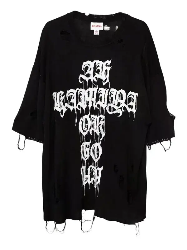 KAMIYA Cross-print Distressed T-shirt - Black
