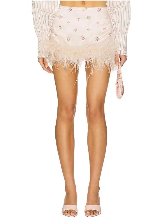 MILKWHITE Mini Skirt With Feather Trim - Pink Rose