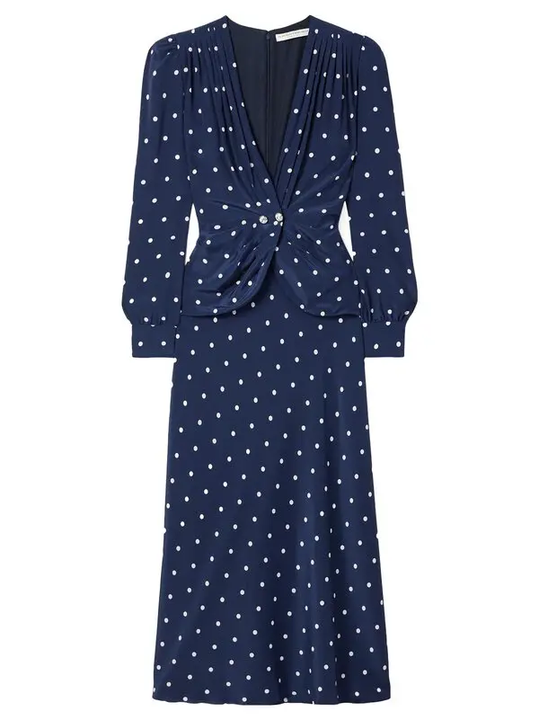 Alessandra Rich Embellished Pleated Polka-dot Silk Crepe De Chine Midi Dress - Blue