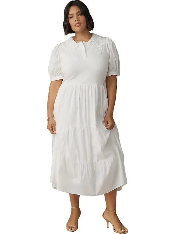 English Factory Puff-sleeve Piped Midi Dress - White