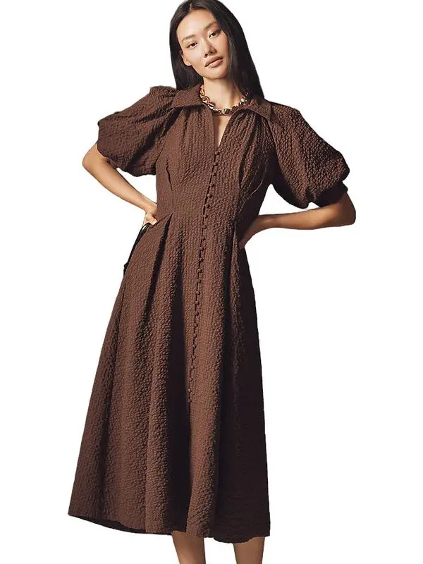 English Factory Puff-sleeve Textured Midi Shirt Dress - Brown
