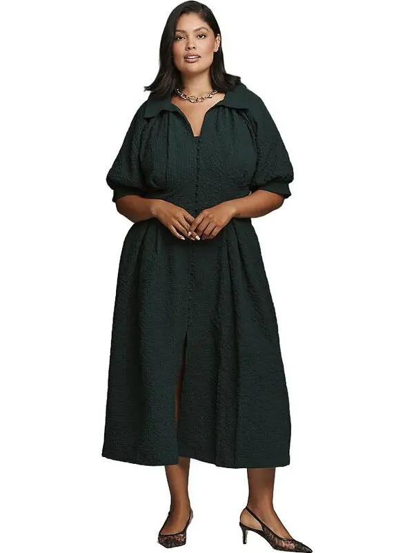 English Factory Puff-sleeve Textured Midi Shirt Dress - Dark Green