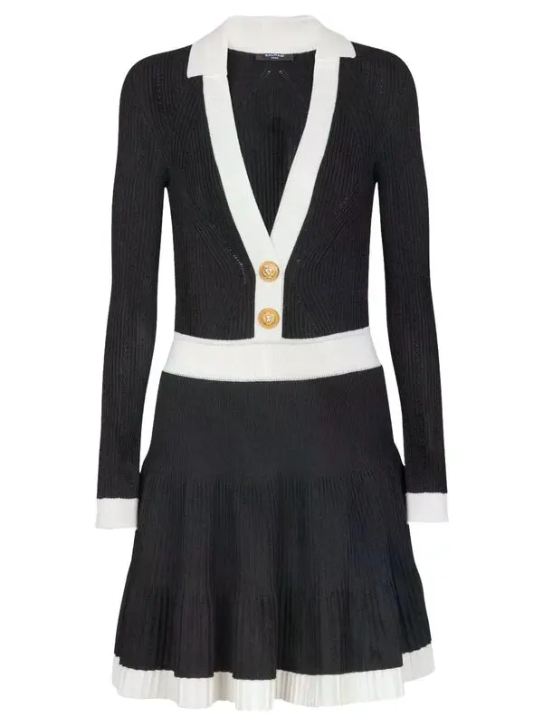 Balmain V-neck Pleated Mini Dress - Black