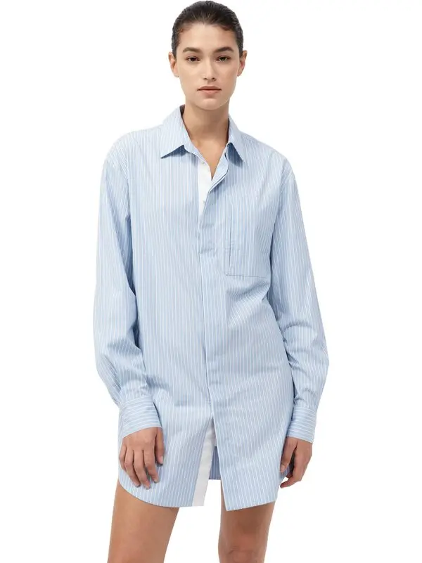 ST AGNI Drawstring Mini Shirt Dress - Pale Blue Stripe