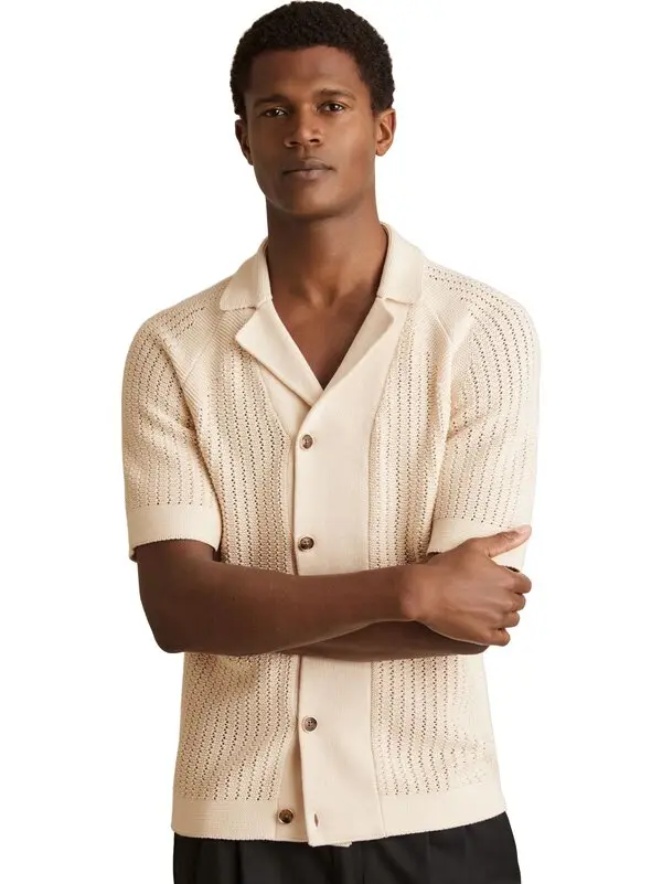 REISS Alphonso Cotton Textured-knit Cuban-collar Shirt - Light Stone