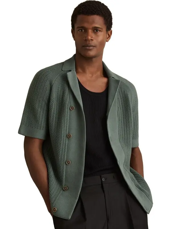 REISS Alphonso Cotton Textured-knit Cuban-collar Shirt - Pine Green