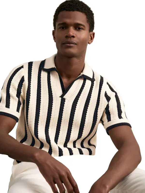 REISS Duncan Cotton Blend Stripe Knit Polo Shirt - Off White/navy