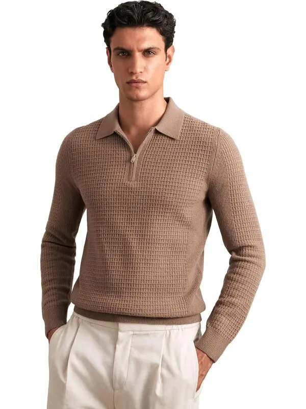REISS Hamilton Wool Waffle-knit Half-zip Polo Shirt - Camel Brown