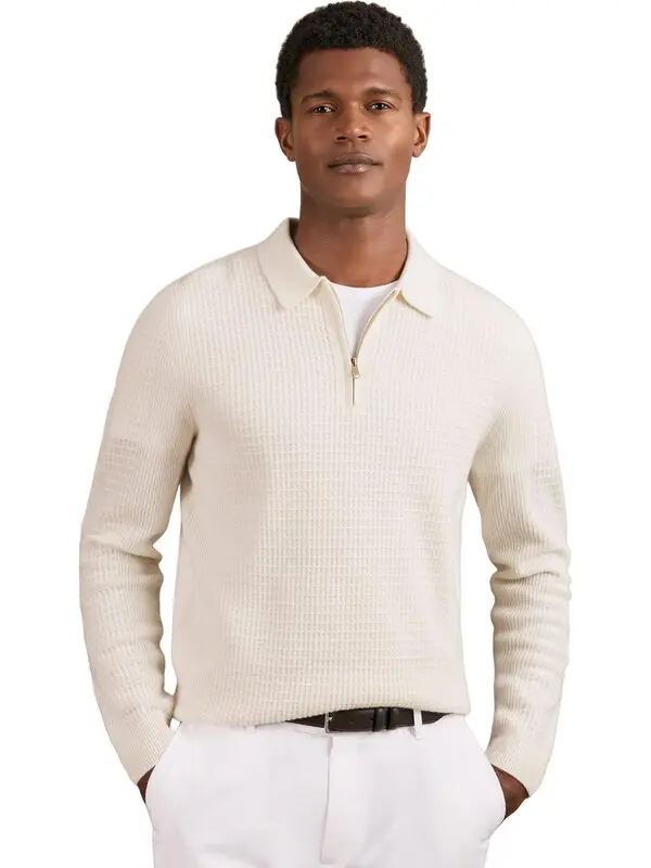 REISS Hamilton Wool Waffle-knit Half-zip Polo Shirt - Off White