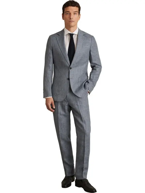 REISS Reef Slim Fit Linen Check Suit Trousers - Soft Blue