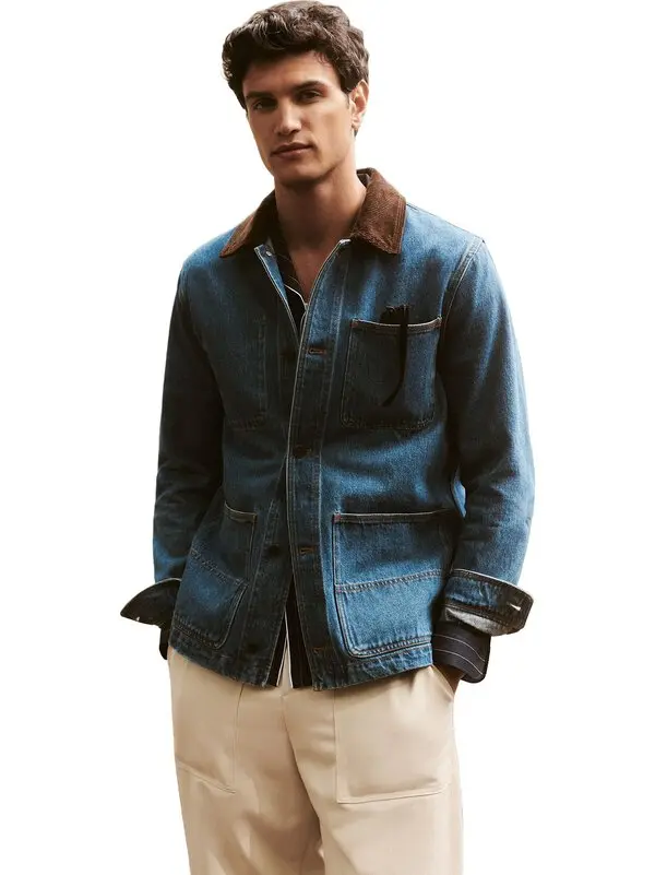 REISS Corduroy-collar Denim Worker Jacket - Denim Blue
