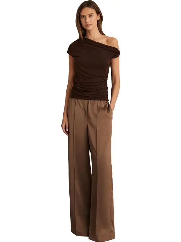 REISS Elsie Satin Wide-leg Trousers - Taupe Neutral