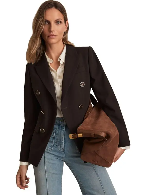 REISS Lia Wool-blend Double-breasted Blazer - Chocolate Brown