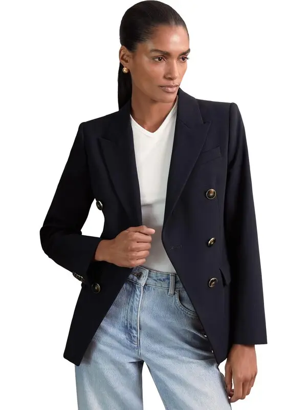 REISS Lia Wool-blend Double-breasted Blazer - Navy