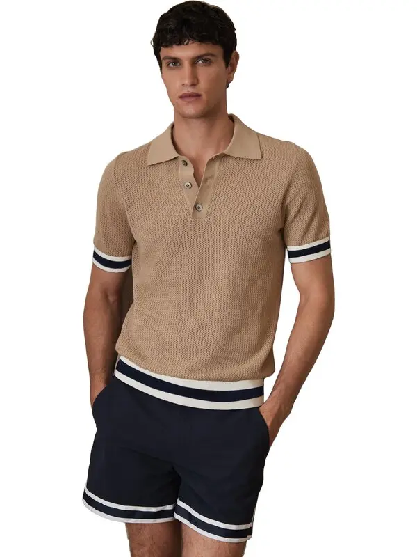 REISS Quinn | Ché Cotton Knit Polo Shirt - Camel Brown