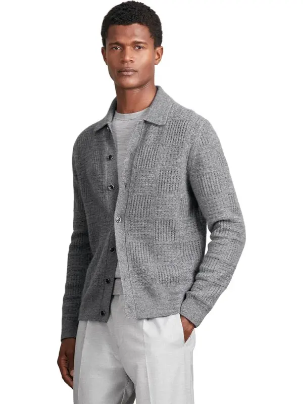 REISS Lisbon Wool Button Through Collared Cardigan - Mid Grey
