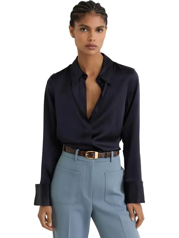 REISS Ameira Silk-satin Shirt - Navy
