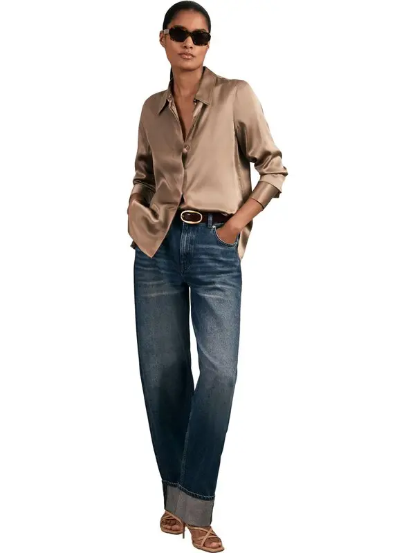 REISS Ameira Silk-satin Shirt - Taupe Brown