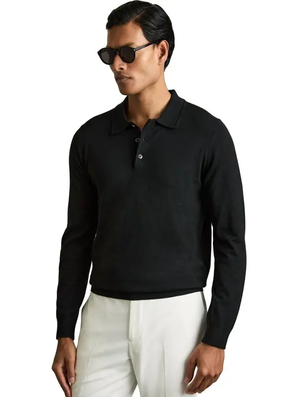 REISS Trafford Merino Wool Long-sleeve Polo Shirt - Black