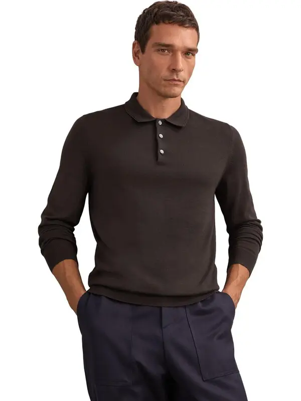 REISS Trafford Merino Wool Long-sleeve Polo Shirt - Chocolate Brown