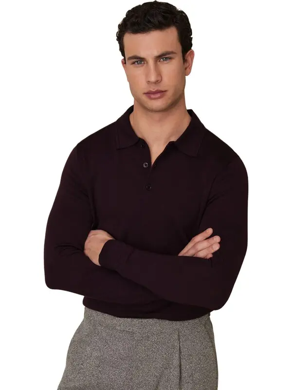 REISS Trafford Merino Wool Long-sleeve Polo Shirt - Dark Bordeaux